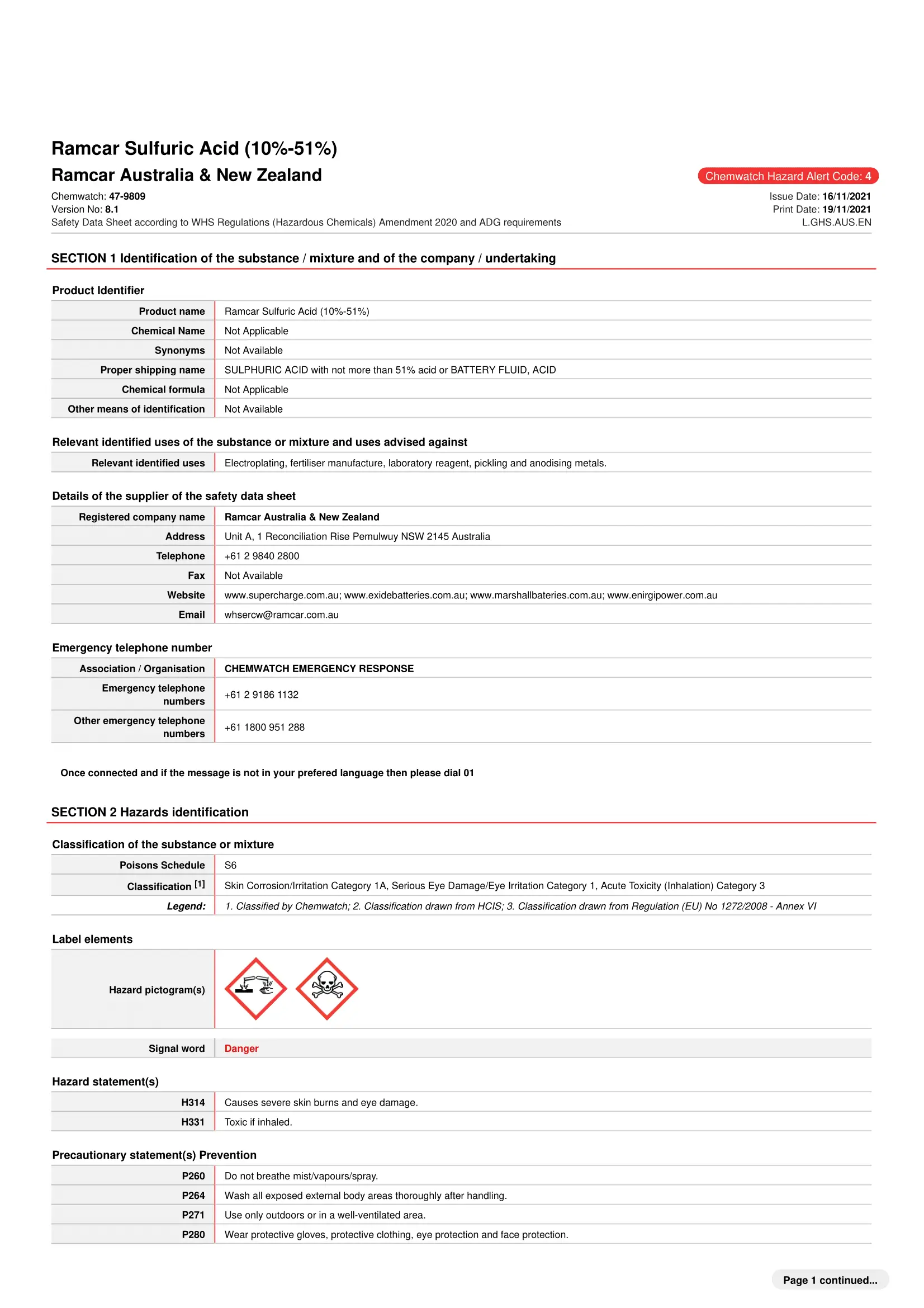 Sulfuric Acid SDS - Exide Batteries